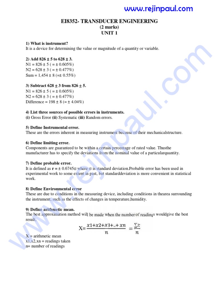 Transducer Engineering 2 Marks With Answers | PDF | Capacitor | Microphone