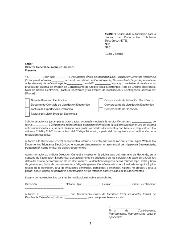 Solicitud de Autorización para La Emisión de Documentos Tributarios Electrónicos (DTE) | PDF