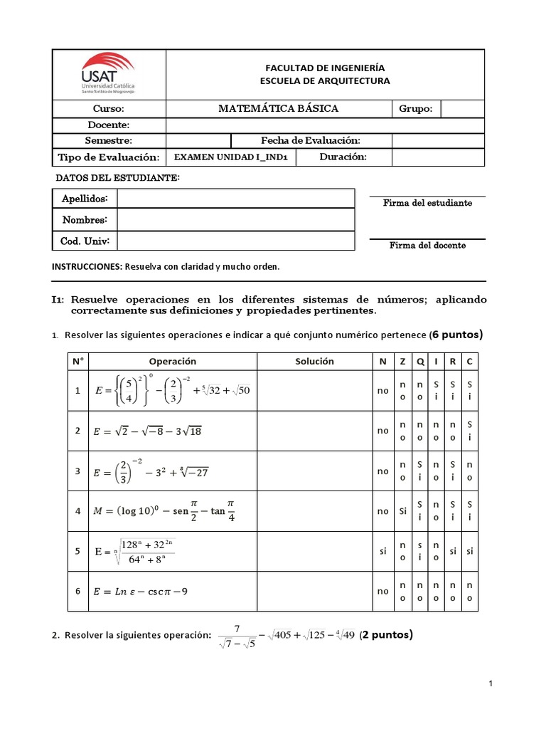 Examen I de Matematica | PDF | Matemáticas