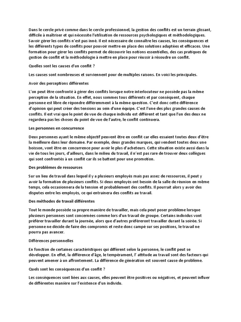 Gestion des conflits au travail | PDF | Résolution de conflit | Psychologie