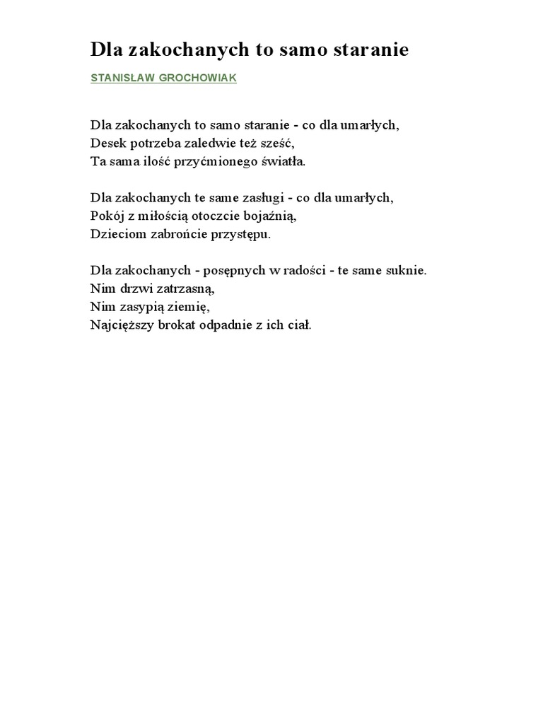 Dla Zakochanych To Samo Staranie - Stanisław Grochowiak | PDF