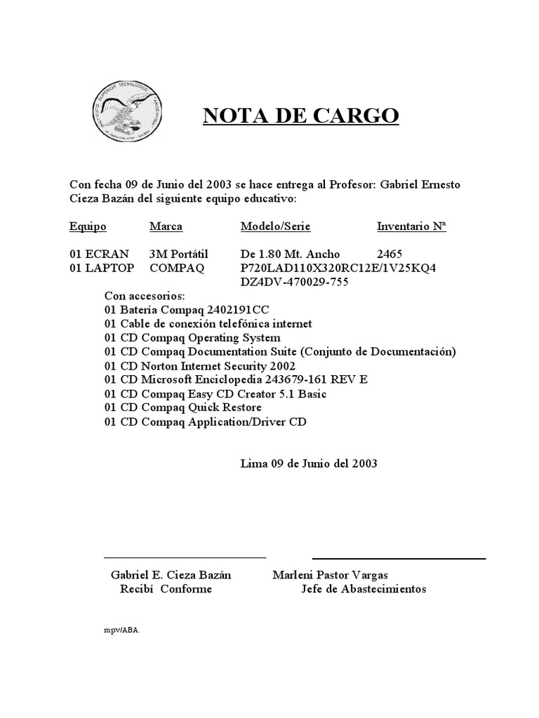 Modelo De Nota Interna/nota De Cargo Modelo