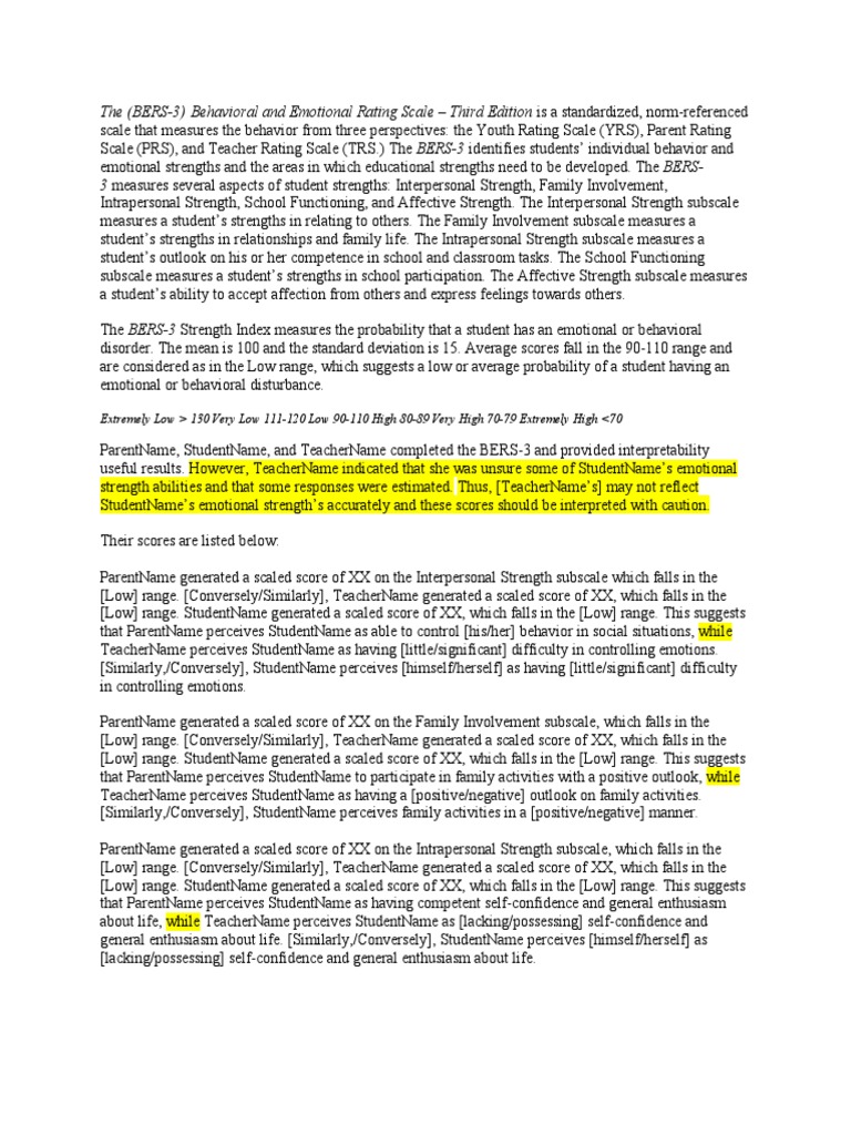 BERS 3 Template | PDF | Affect (Psychology) | Interpersonal Relationships