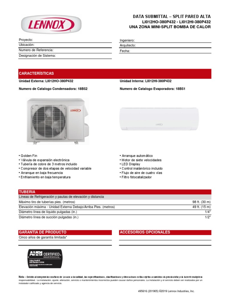 Lennox - Mini Split - 38SEER - 12K - HP - 220V - Submittal (SPA) | PDF ...