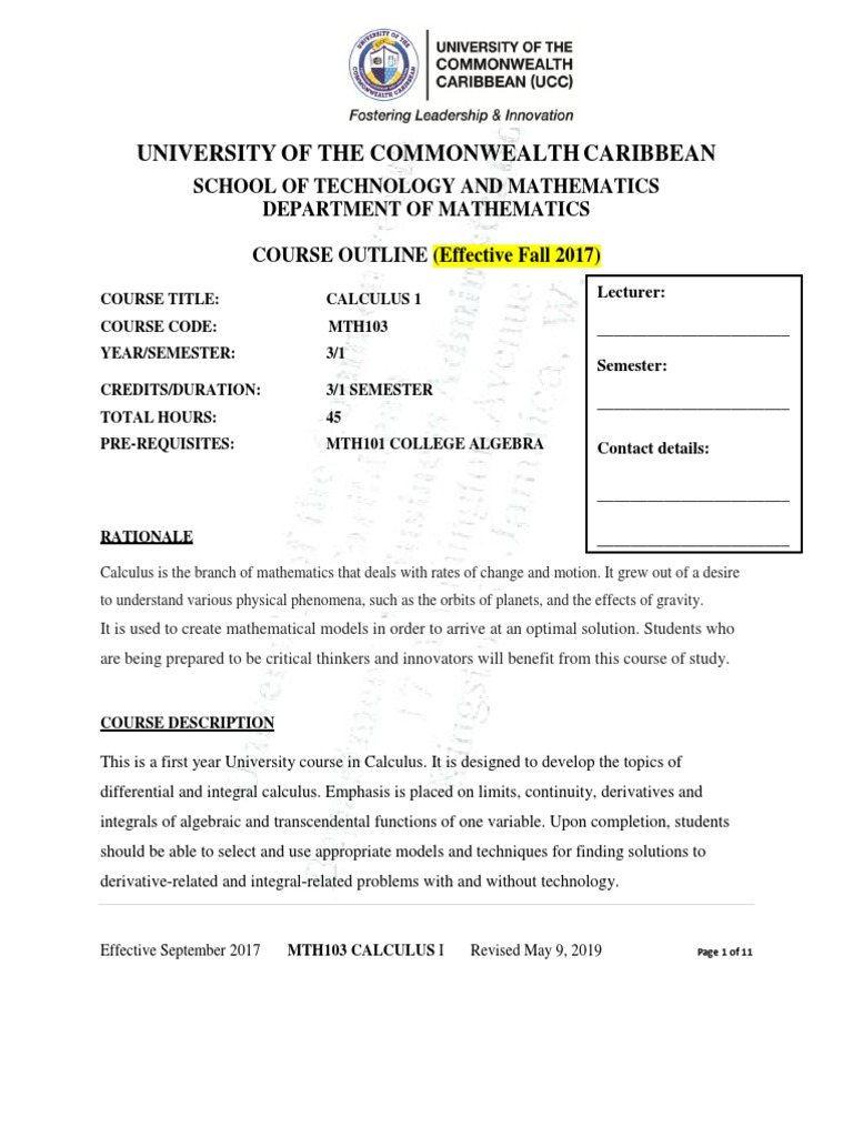 MTH 103 Calculus One Course Outline - Revised April 15-2018 | PDF ...