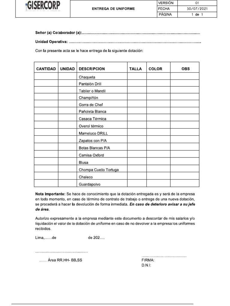 Entrega De Uniformes Pdf