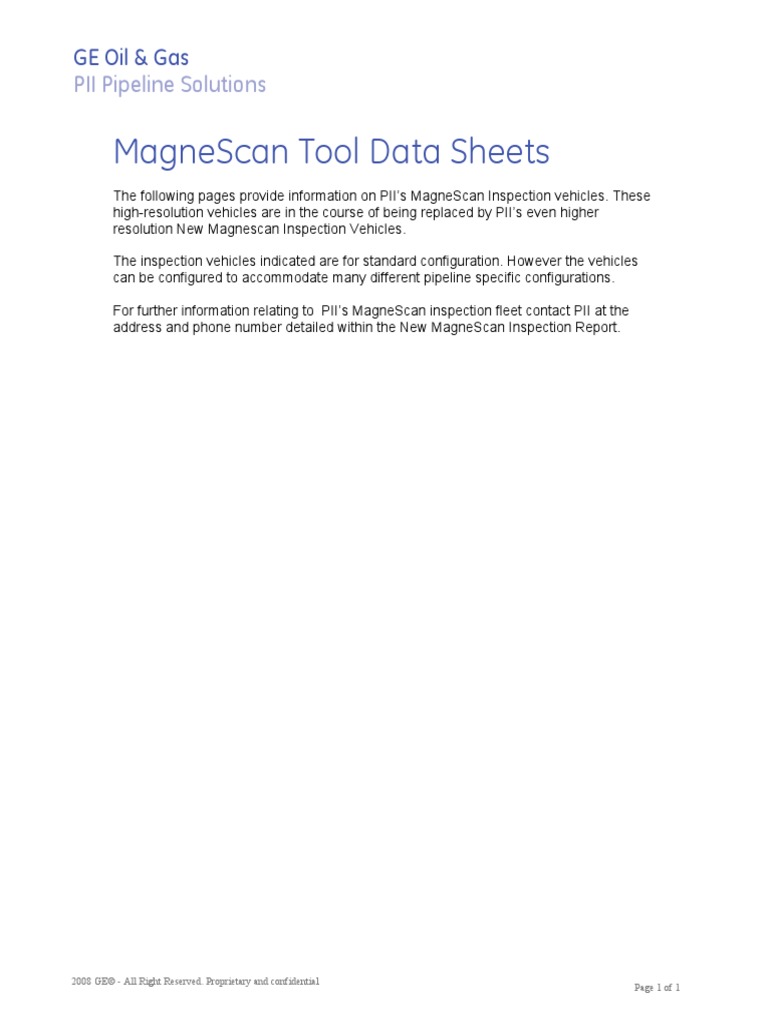 GE - 13) MFL Tool Data Sheets (MagneScan) | PDF | Pipe (Fluid ...