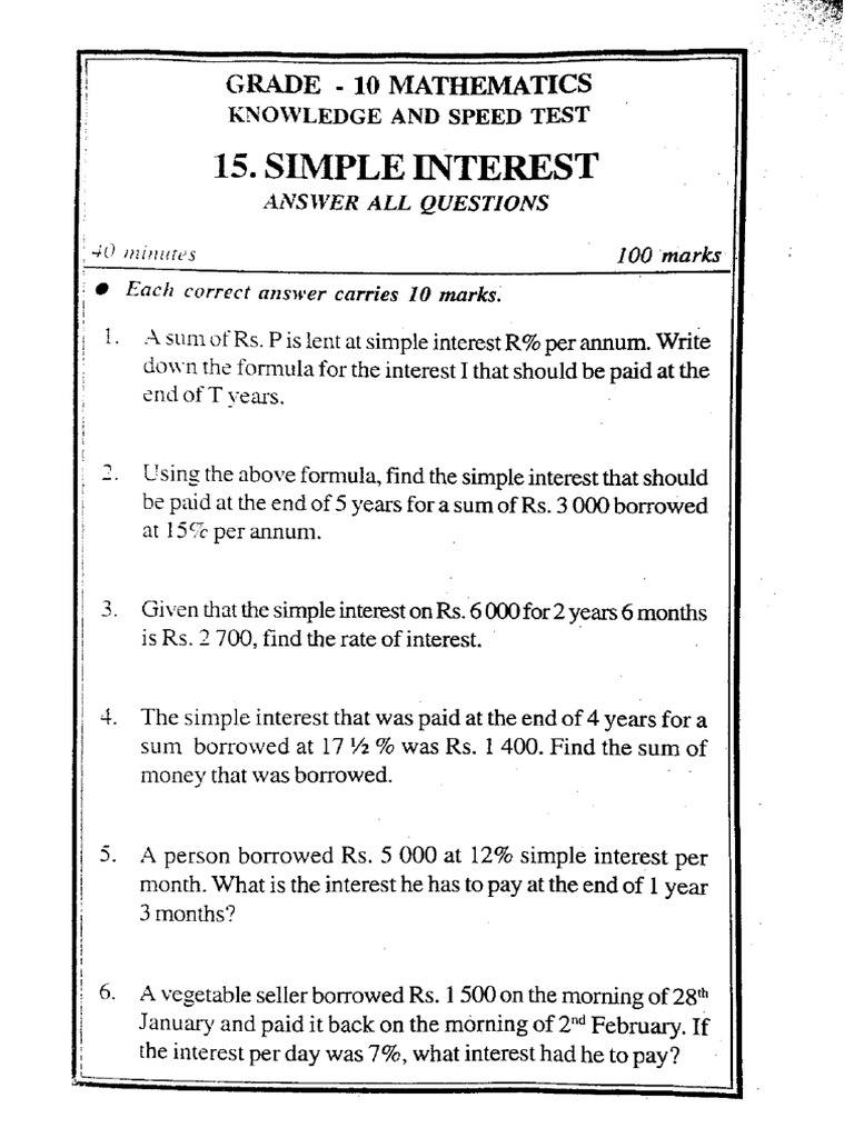Unit 14 - Percentages, Simple Interest (Worksheet) | PDF
