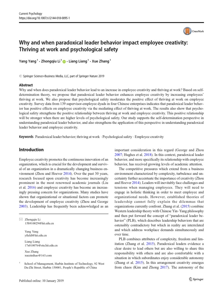 Why and When Paradoxical Leader Behavior Impact Employee Creativity ...