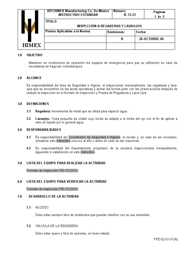 Ie 13 23 Inspecci N A Regaderas y Lavaojos | PDF