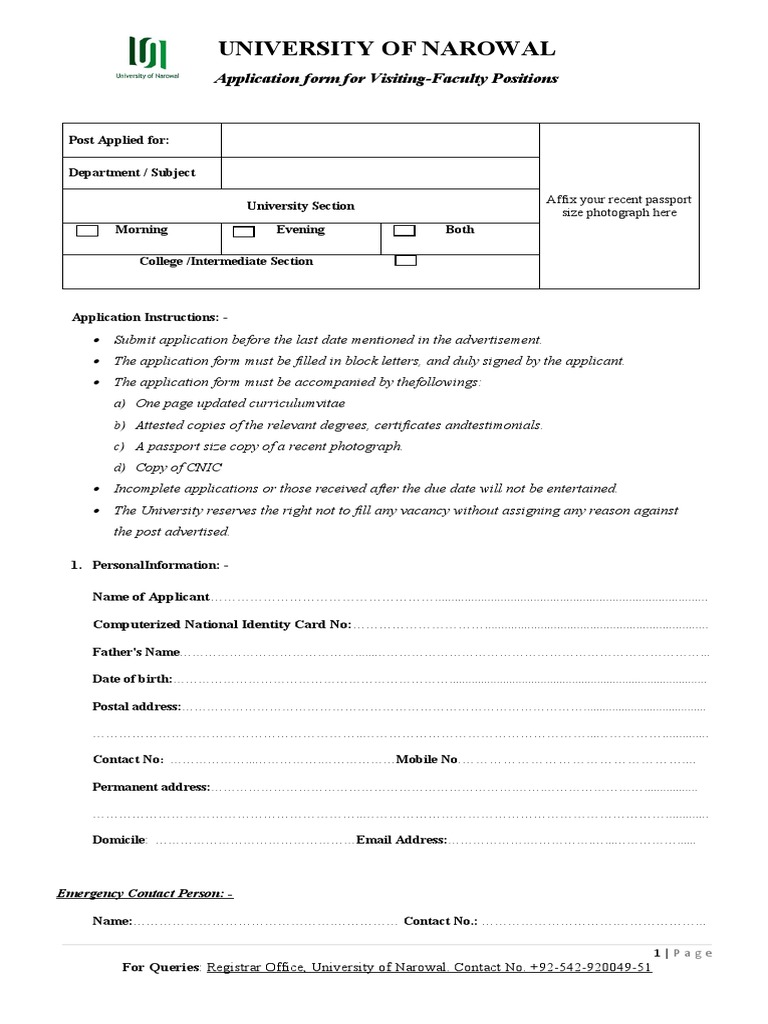 Narowal University Visiting Faculty Application | PDF | Bachelor Of ...