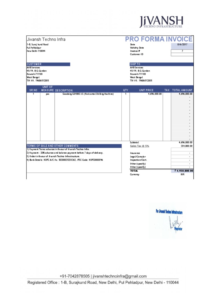 Pro Forma Invoice: Jivansh Techno Infra | PDF | Trade | Business