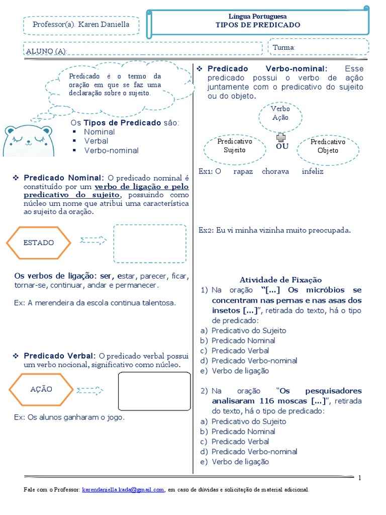 Apostila Tipos de Predicado e Exercicios | PDF | Predicado (gramática) | Assunto (gramática)