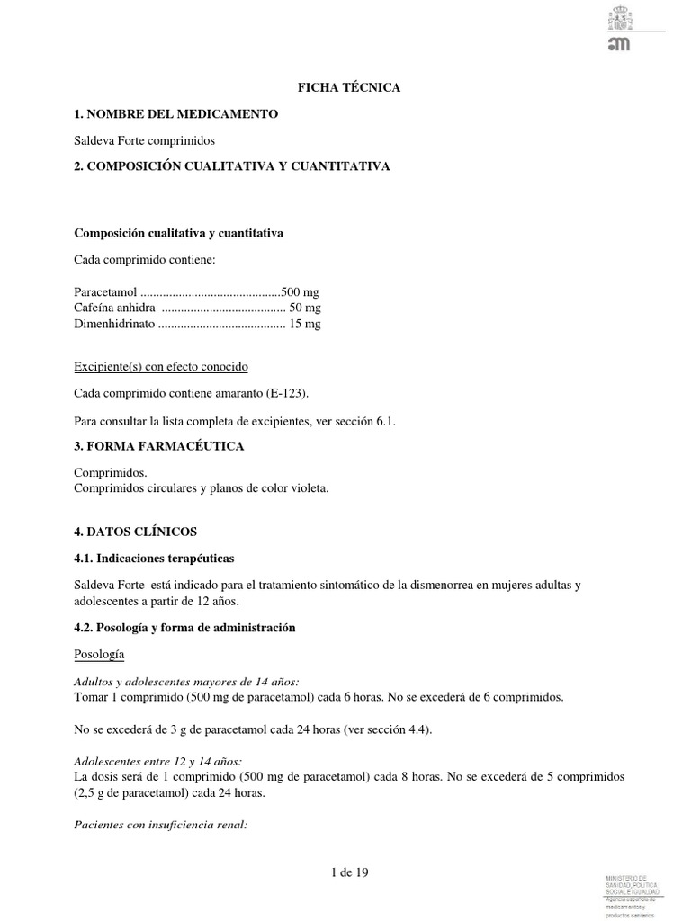 Ficha Técnica Saldeva | PDF | Medicamentos con receta | Cafeína