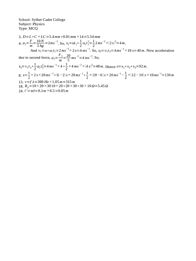 Sylhet Cadet College (MCQ) | PDF