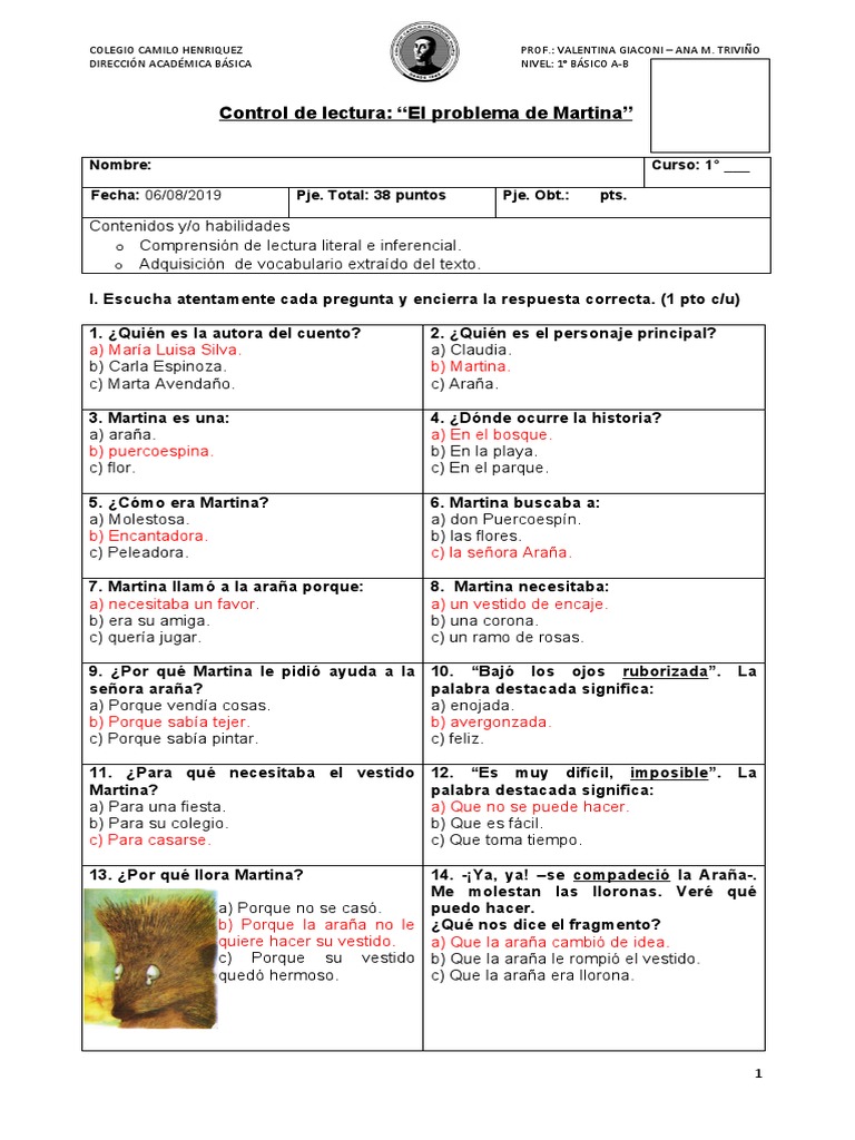 1°básico Control de Lectura Agosto-El Problema de Martina | PDF
