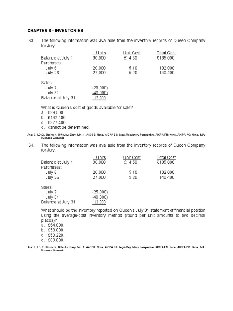 Chapter 6 - Inventories Practice Questions | PDF | Cost Of Goods Sold | Inventory