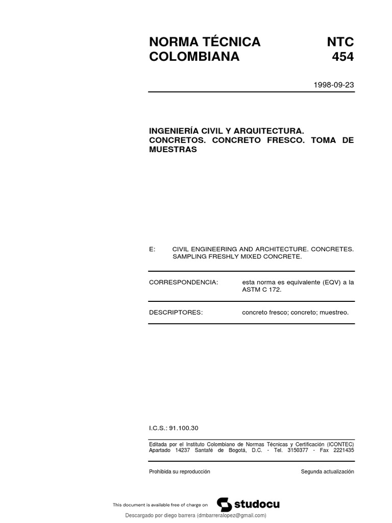 NTC-454 TOMA DE MUESTRAS | PDF | Hormigón | Muestreo (Estadísticas)