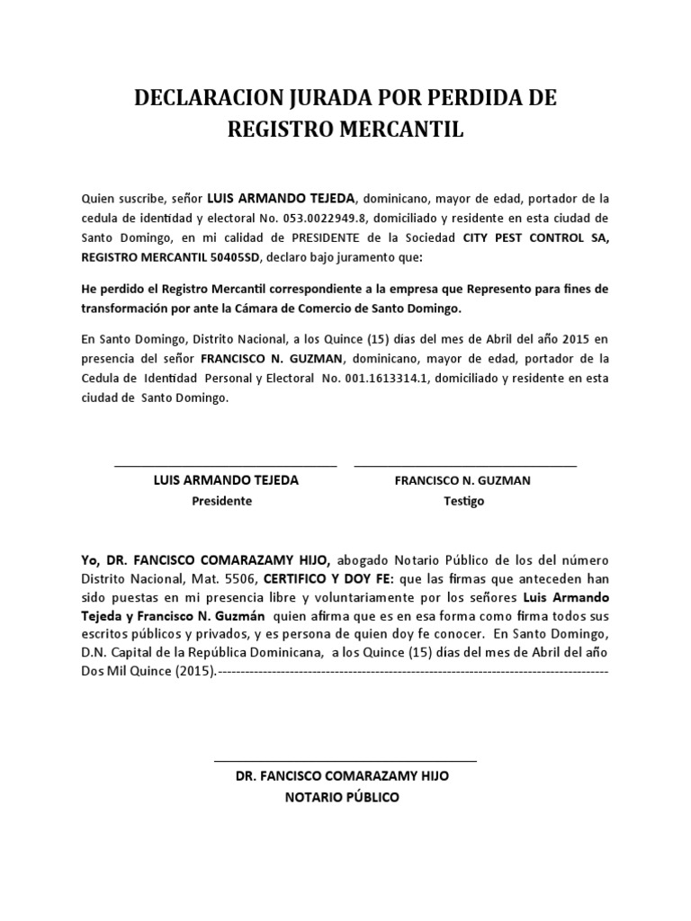 Declaracion Jurada Por Perdida Del Registro Mercantil - City Pest Control SRL | PDF