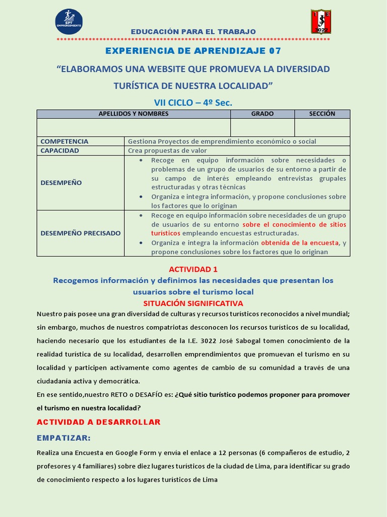 ACTIVIDAD 1 EDA 07 - 4to SEC | PDF | Lima | Turismo