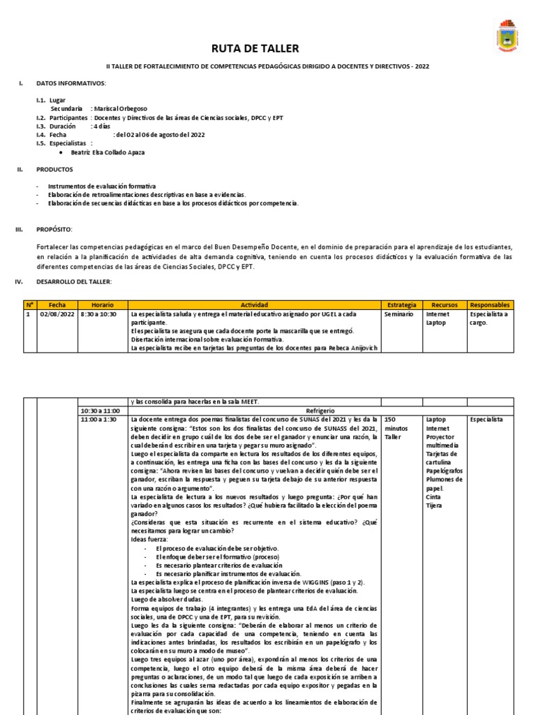 Ruta de Taller 2 | PDF | Evaluación | Maestros