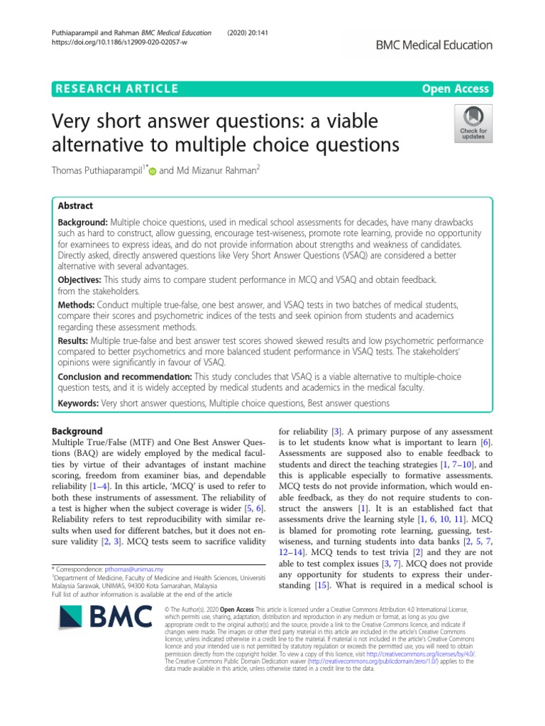 Very Short Answer Questions A Viable Alternative To Multiple Choice ...