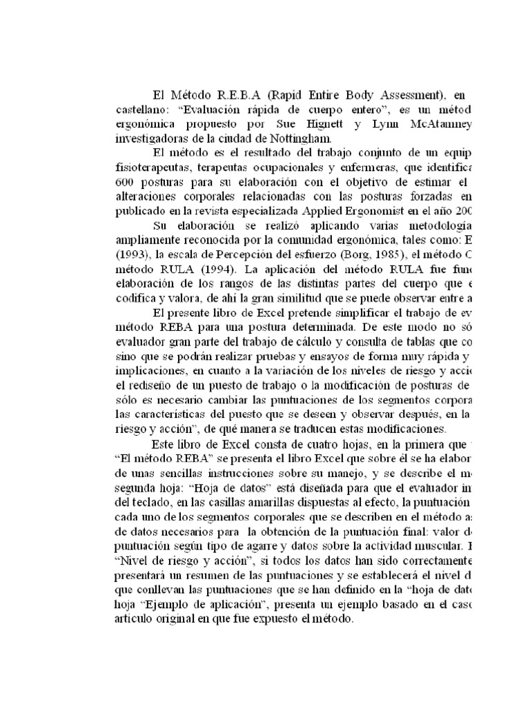 Evaluación de Riesgo Ergonómico REBA | PDF | Salud y bienestar
