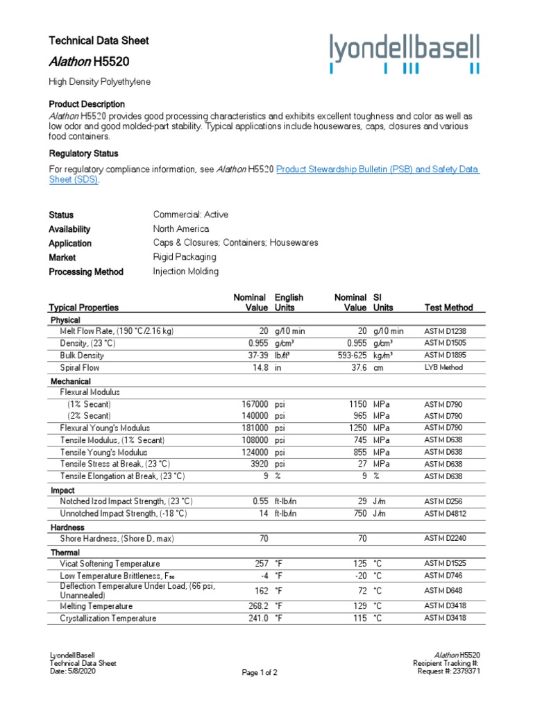 Hdpe Alathon H5520 Equistar | PDF | Ultimate Tensile Strength ...