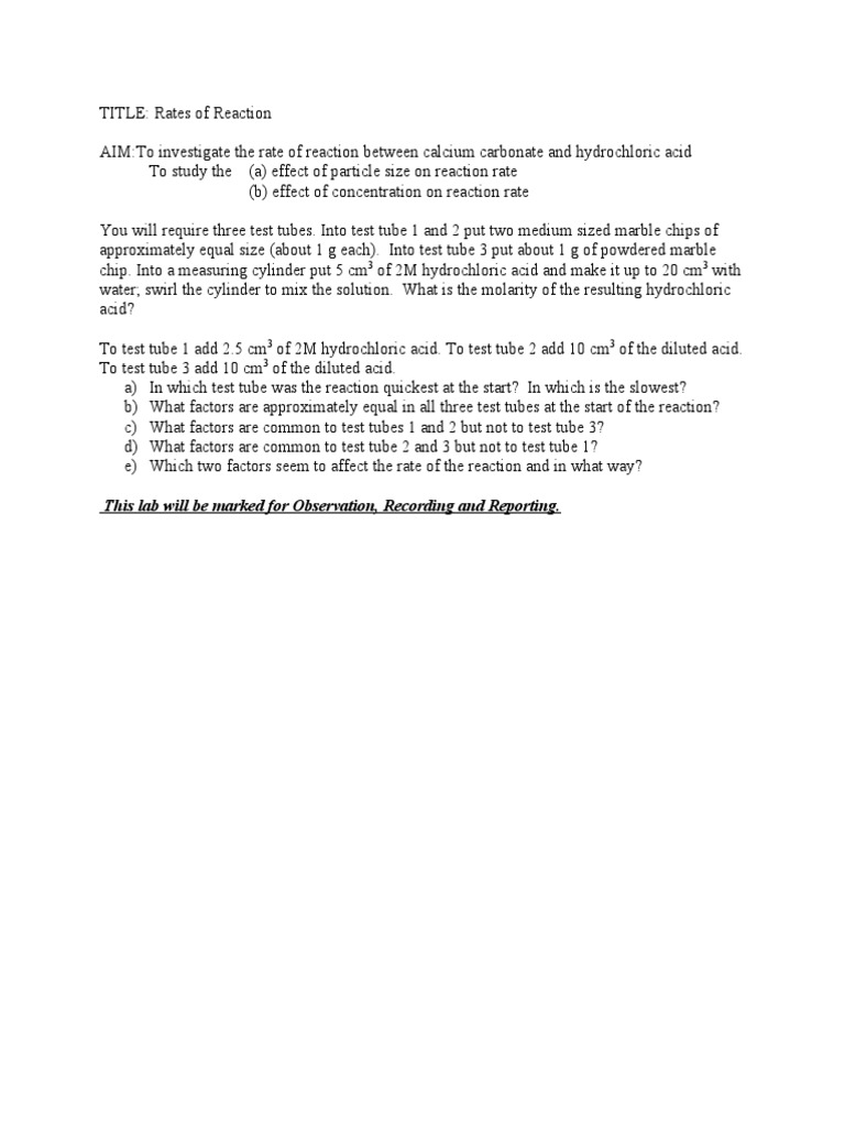 Rate of Reaction Lab (Marble Chips) | PDF | Science & Mathematics