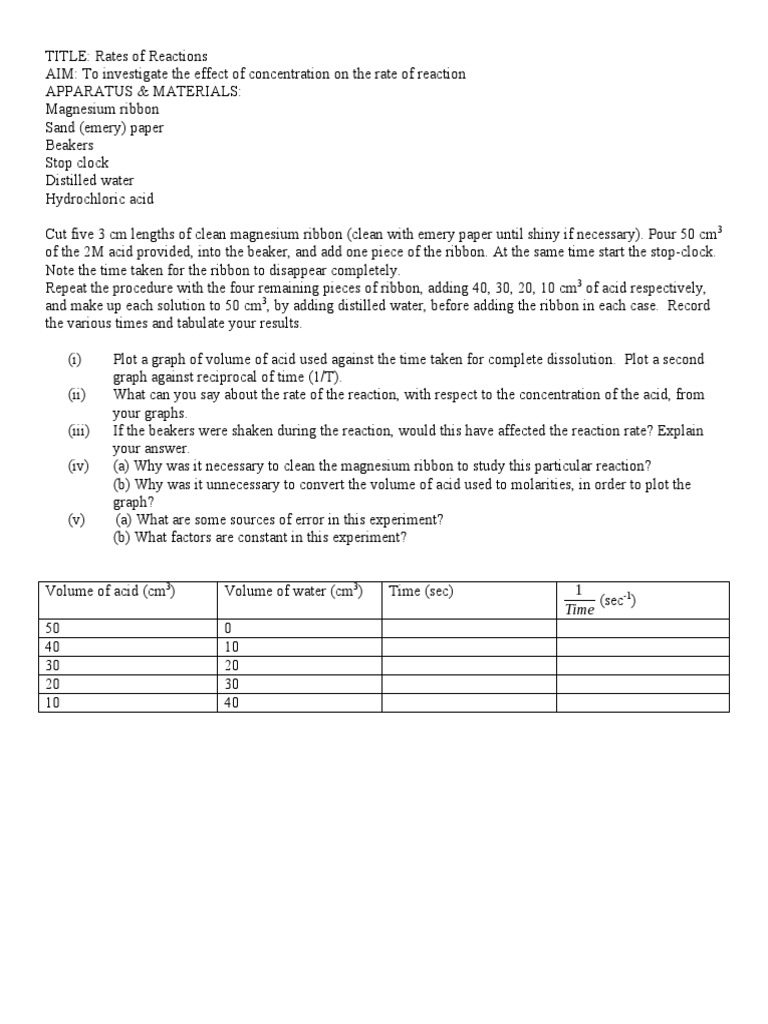 Rate of Reaction Lab (Magnesium Ribbon) | PDF