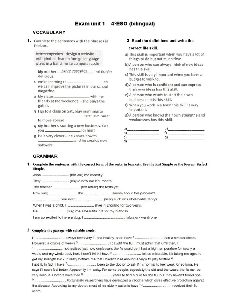 Exam Unit 1 4ºeso Bilingue | PDF