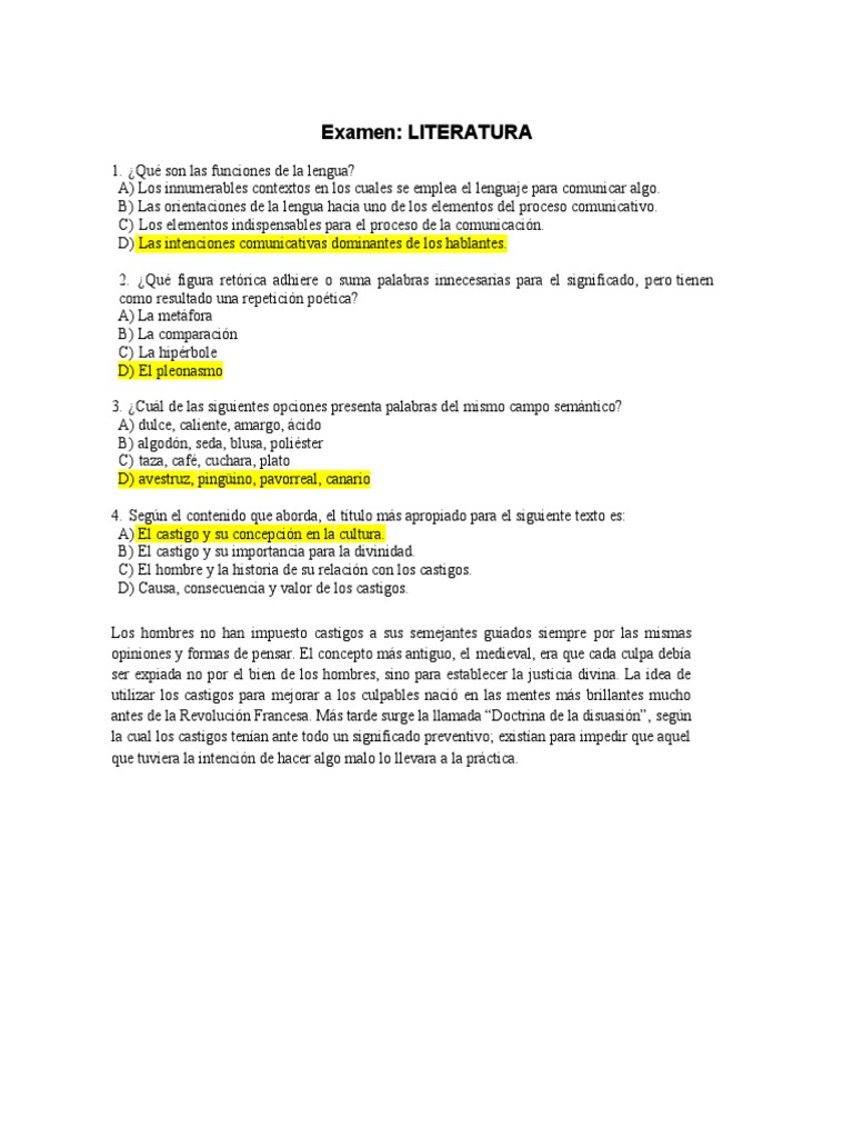 Examen de Literatura: Preguntas y Respuestas | PDF