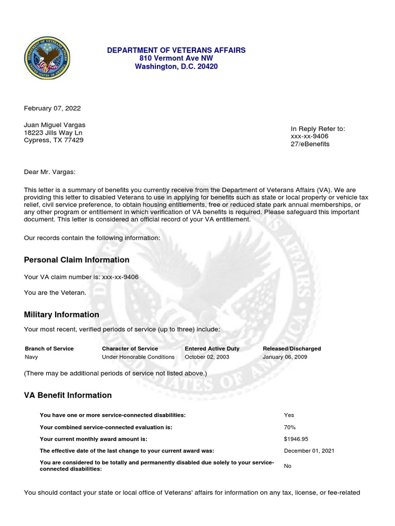 Benefit Summary Letter | PDF | United States Department Of Veterans ...