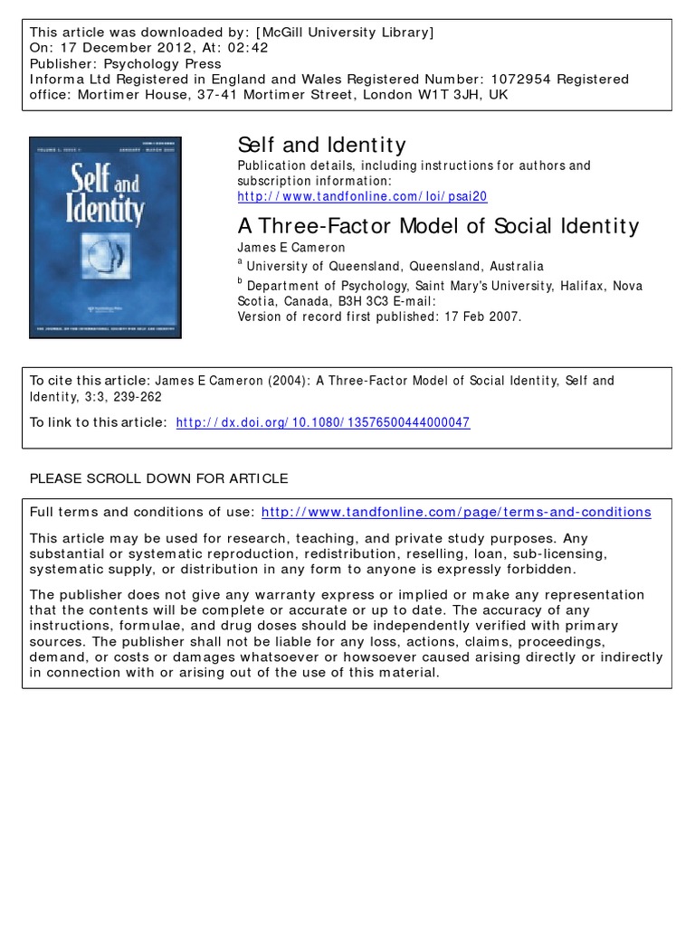 A Three Factor Model of Social Identity. Cameron, James E. Self and Identity | PDF | Identity ...