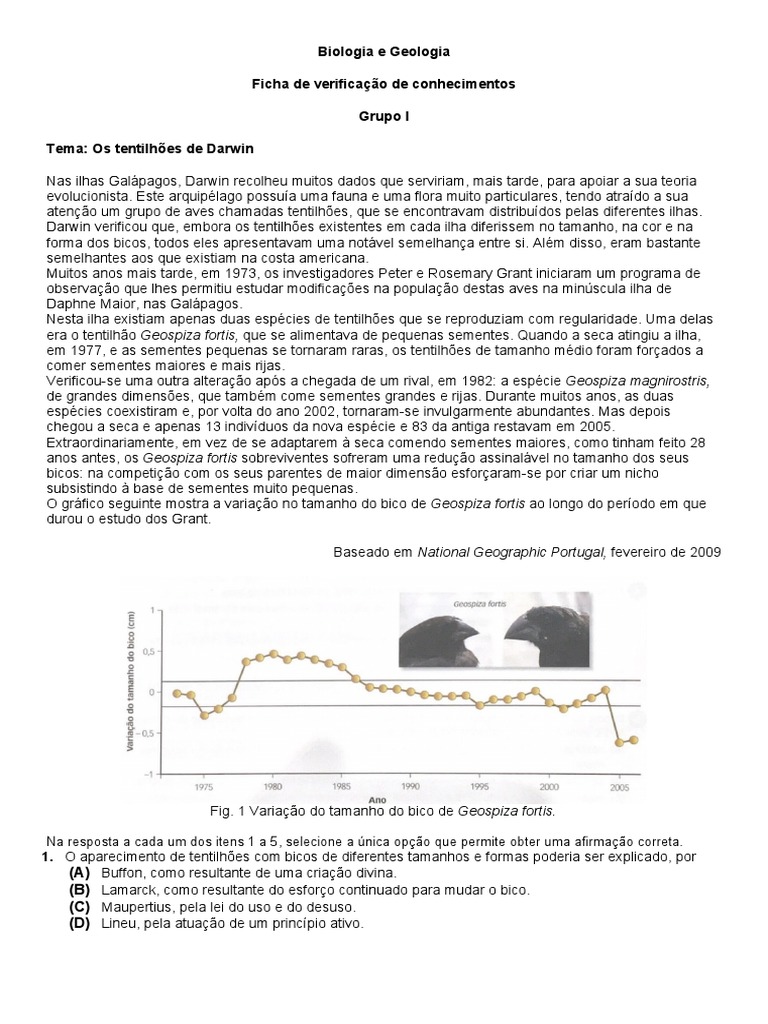 Ficha de Trabalho - Os Tentilhões de Darwin | Download grátis PDF ...