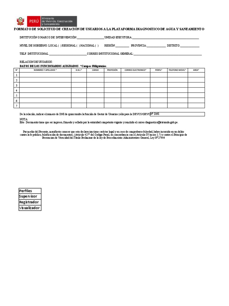 Formato Oficial Creación de Usuarios Plataforma Diagnóstico | PDF