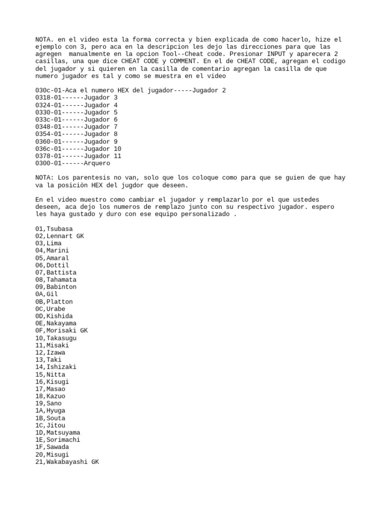 Cheats Capitan Stubasa 2 | PDF | Informática