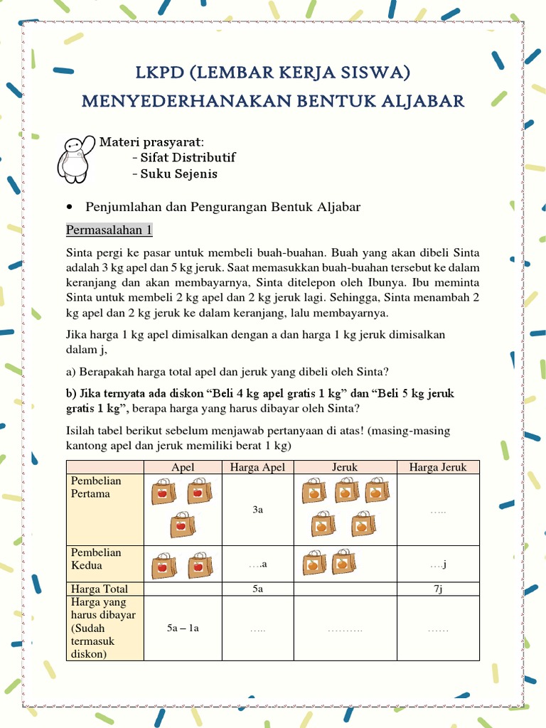 LKPD Menyederhanakan Bentuk Aljabar | PDF