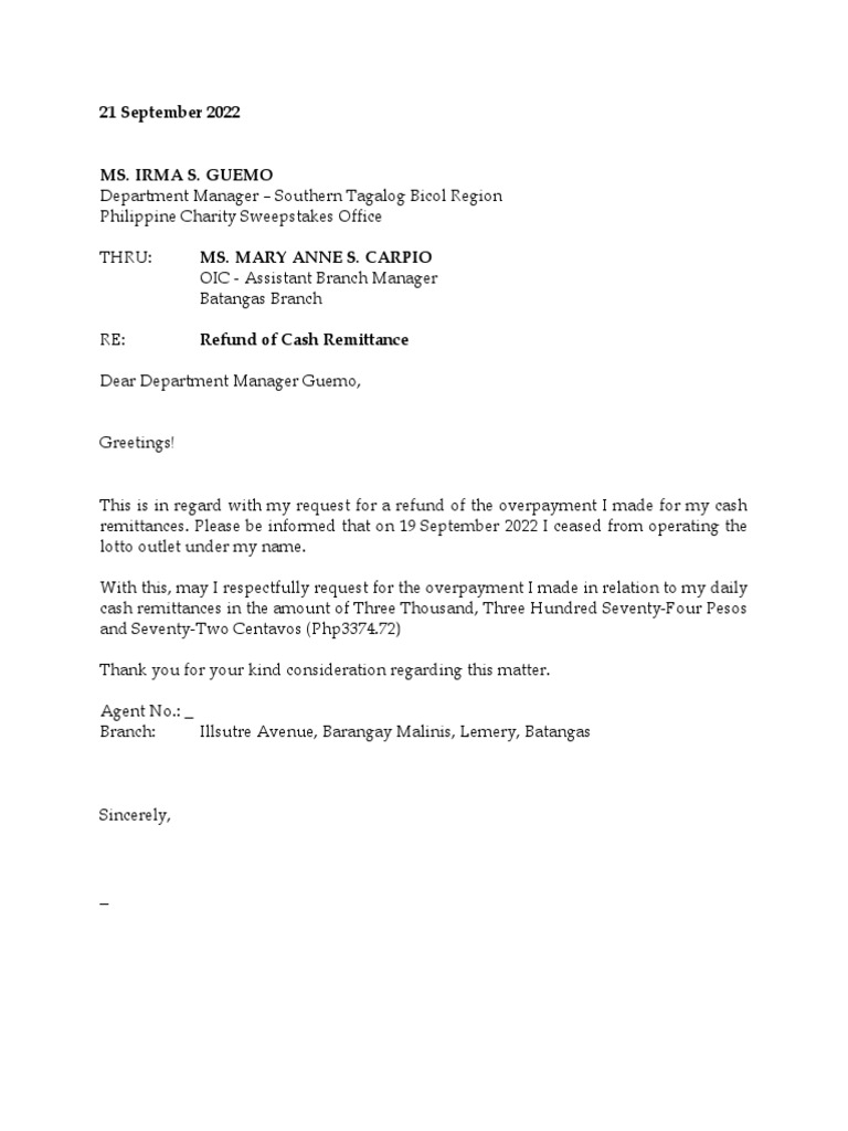 Lotto Letter - Refund Remittance | PDF