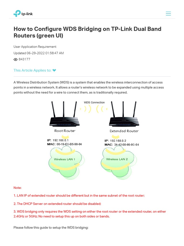 How To Configure WDS Bridging On TP-Link Dual Band Routers (Green UI) | PDF | Router (Computing ...