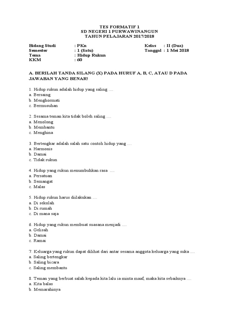 Soal Tes Formatif PKn Kelas 2 SD | PDF | Memasak, Makanan, & Anggur ...
