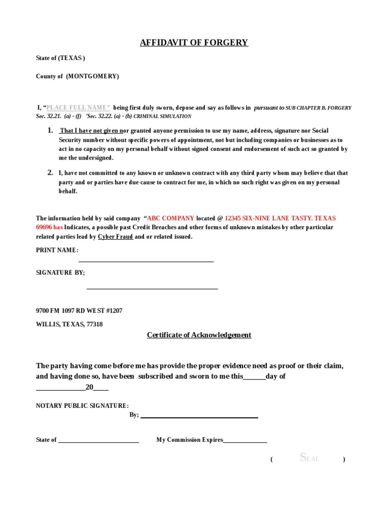 Affidavit of Forgery - Template | PDF