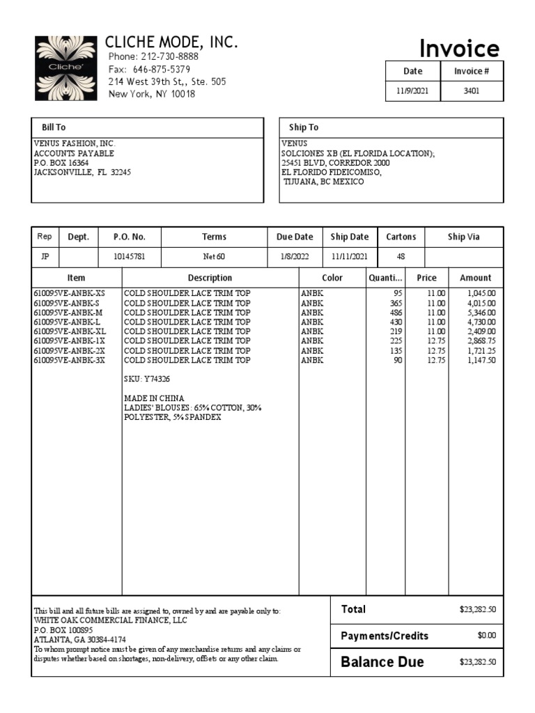 Cliche Mode Invoice for Cold Shoulder Lace Trim Tops | PDF | Business ...