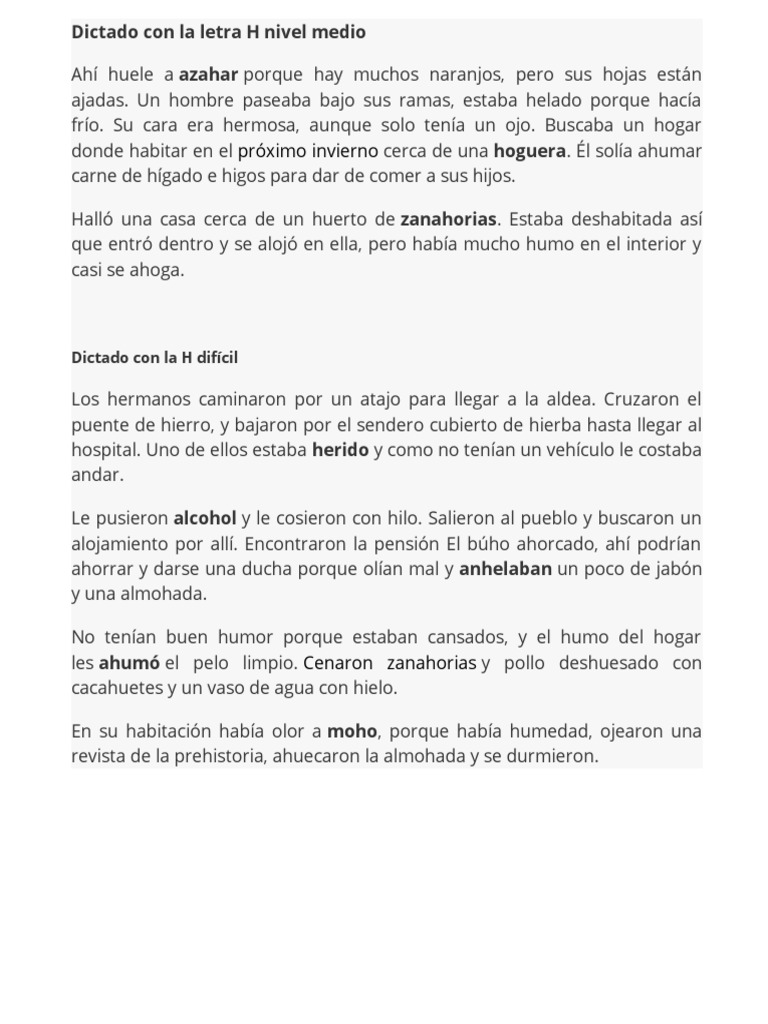 Dictado Con La Letra H Nivel Medio | PDF