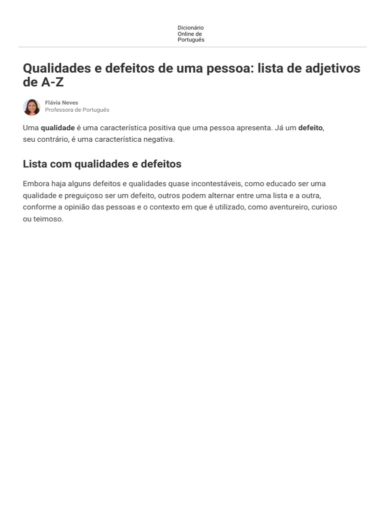 ADJETIVOS - Qualidades e Defeitos de Uma Pessoa - Lista de Adjetivos de ... ADJETIVOS - Qualidades e Defeitos de Uma Pessoa - Lista de Adjetivos de ...