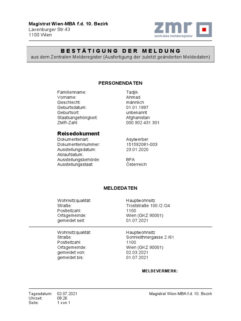 Bestätigung Der Meldung: Laxenburger Str.43 1100 Wien | PDF