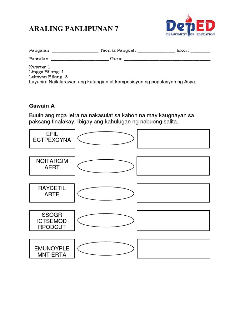 Araling Panlipunan 7: Gawain A | PDF
