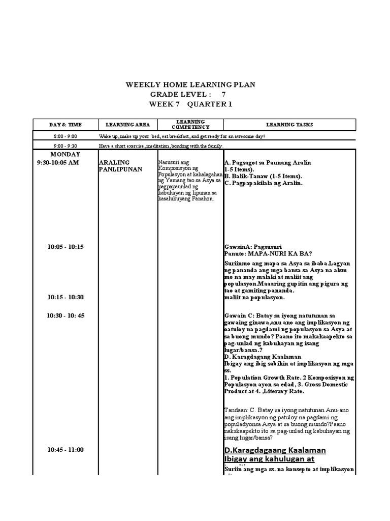 Weekly Home Learning Plan Week 7 | PDF