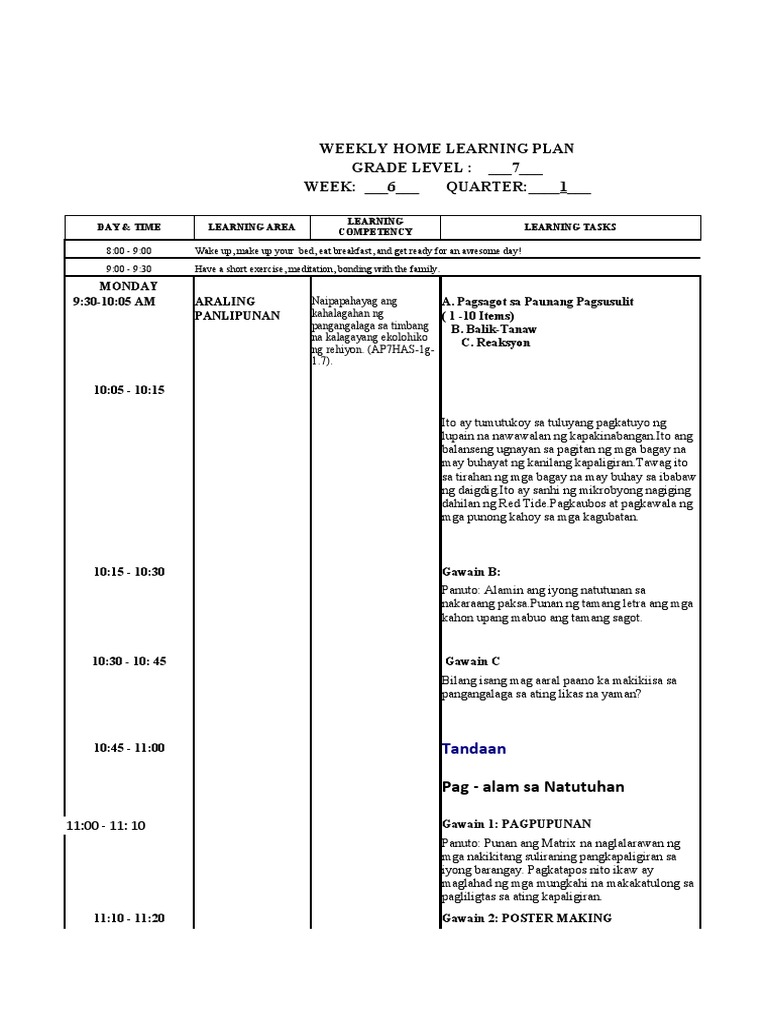 Weekly Home Learning Plan Week 6 | PDF