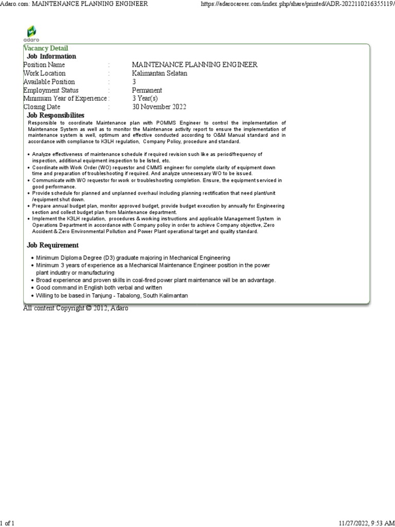 Maintenance Planning Engineer | PDF | Engineer | Business